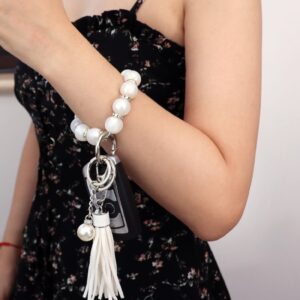 Panny & Mody Silicone Key Ring Bracelet Wristlet Keychain with Silver Bling Zircon & Leather Tassel for Women Gift (Pearl)