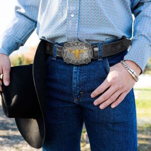 Vikodah Men Women-Western-Cowboy-Leather-Belts - Longhorn Bull Pattern Buckle Belt Floral Engraved Buckle Belt for Jeans