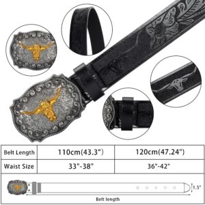 Vikodah Men Women-Western-Cowboy-Leather-Belts - Longhorn Bull Pattern Buckle Belt Floral Engraved Buckle Belt for Jeans