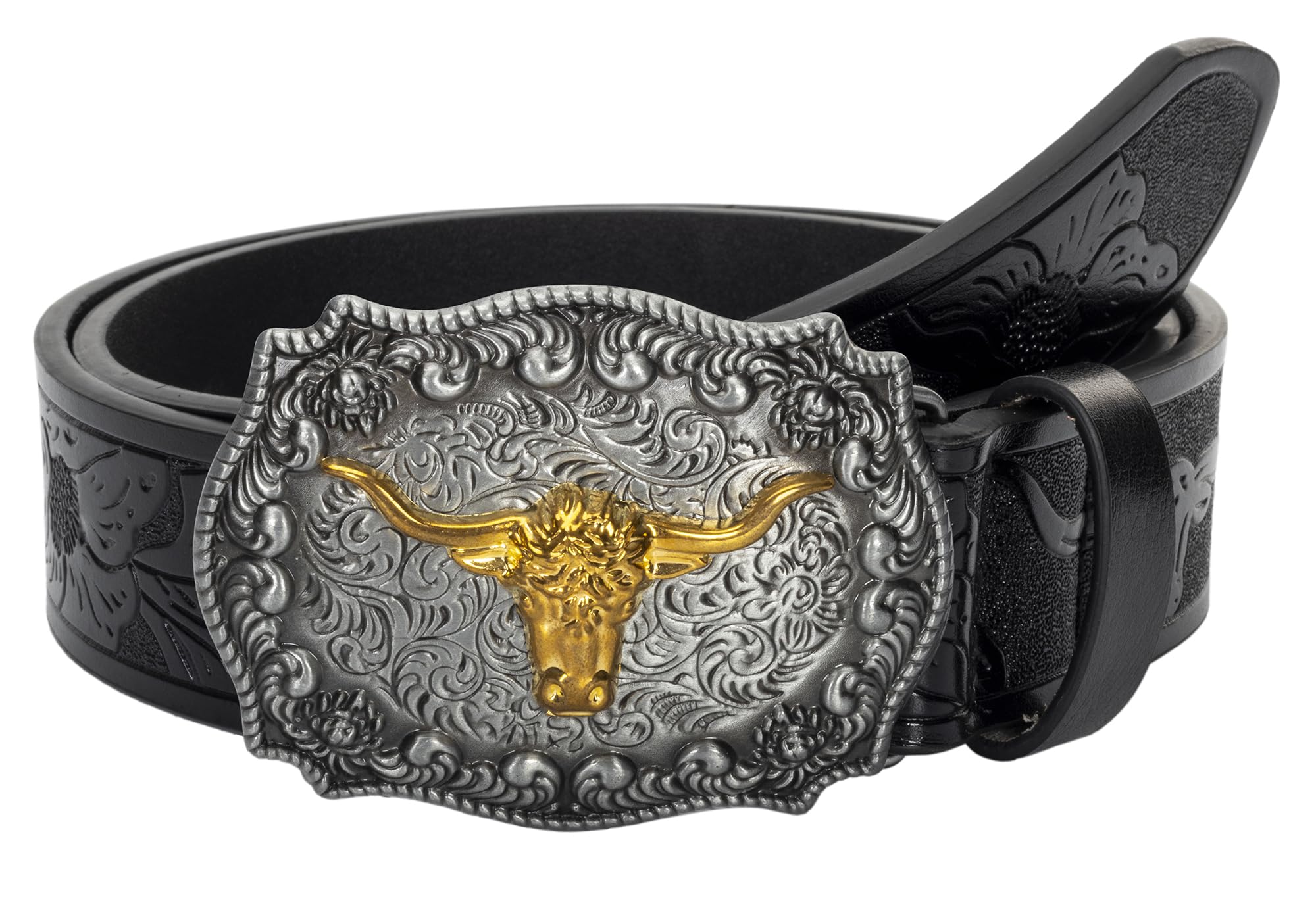 Vikodah Men Women-Western-Cowboy-Leather-Belts - Longhorn Bull Pattern Buckle Belt Floral Engraved Buckle Belt for Jeans