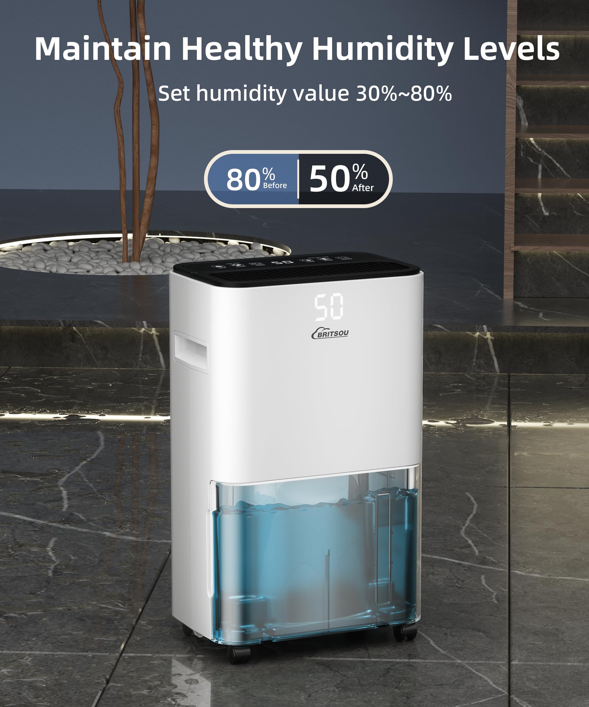 34 Pint Dehumidifier for Basement with Drain Hose & 0.66 Gallon Tank, BRITSOU Dehumidifiers for Home with Auto Shut off, 24HR Timer, Ideal for Home Bedroom Bathroom