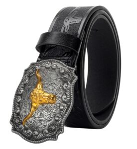 vikodah men women-western-cowboy-leather-belts - longhorn bull pattern buckle belt floral engraved buckle belt for jeans