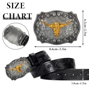 Vikodah Men Women-Western-Cowboy-Leather-Belts - Longhorn Bull Pattern Buckle Belt Floral Engraved Buckle Belt for Jeans