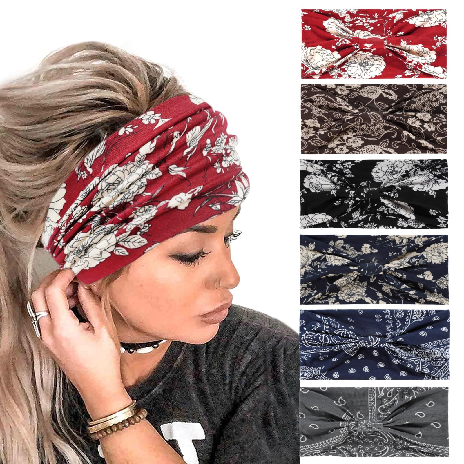 Achiou Wide Headbands for Women Non Slip, Fashion Boho Knotted Hair Bands for Wome's , Cotton Elastic Hair Wrap for Girls Running Sport Yoga,6 Pack