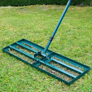 lawn leveling rake,stainless steel lawn leveler with 30”x10” ground plate, 78” adjustable long handle, level lawn tool for grass, golf field, level soil or dirt ground surfaces-green