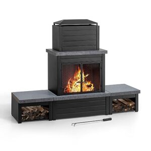 sunjoy outdoor fireplace, patio wood burning steel fireplace with chimney, log holders, fireplace tool and pvc cover, black