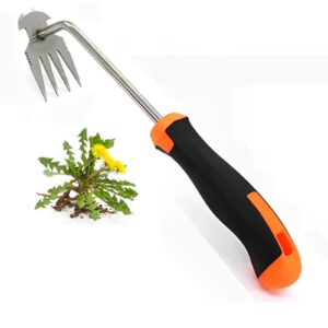 weed removal tool, 2024 new garden weeding tools manganese steel hand weeder tool with handle, 4 teethes dual purpose manual weeders tool weed pulling tool for garden (rubber handle)