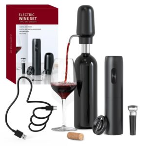 circle joy electric wine opener set 4-in-1 wine set with rechargeable wine opener, rechargeable wine aerator pourer, foil cutter and vacuum wine stopper, gift set for wine lovers, black