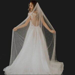 Ursumy Pearl Wedding Veils Flower Cathedral Bridal Veil 118’’ Veils for Brides 1 Tier Fingertip Length Drop Veil Hair Comb (300 * 150cm/118 * 59in, Ivory)