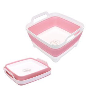 2.4 gal(9l) collapsible dish basin with drain plug, space saving outdoor multiuse foldable sink tub, dishpan, kitchen storage tray for camping, vegetable washing, rv (pink)