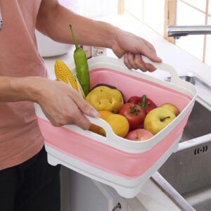 2.4 Gal(9L) Collapsible Dish Basin with Drain Plug, Space Saving Outdoor Multiuse Foldable Sink Tub, Dishpan, Kitchen Storage Tray for Camping, Vegetable Washing, RV (Pink)