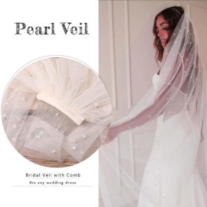 Ursumy Pearl Wedding Veils Flower Cathedral Bridal Veil 118’’ Veils for Brides 1 Tier Fingertip Length Drop Veil Hair Comb (300 * 150cm/118 * 59in, Ivory)