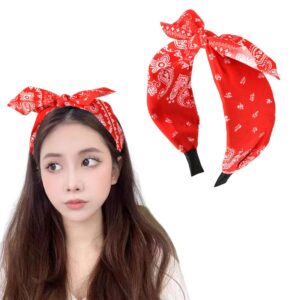 red boho paisley bandana hair bands with knotted bow and rabbit ear headbands for women and girls - non-slip headbands