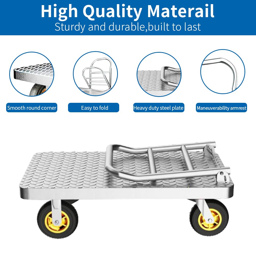 Julymoda Platform Truck,43" x 26" Large Foldable Push Cart Dolly,2000 LBS Steel Flatbed Moving Platform Trucks Hand Cart w/360 Degree 6" Swivel Wheels for Groceries, Warehouse,Garage