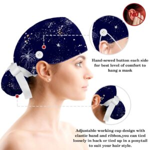 Medical Nurse Scrub Caps with Hair Tie Night Sky Stars and Galaxy Working Cap Adjustable Tie Back Bouffant Caps with Button for Women Long Hair