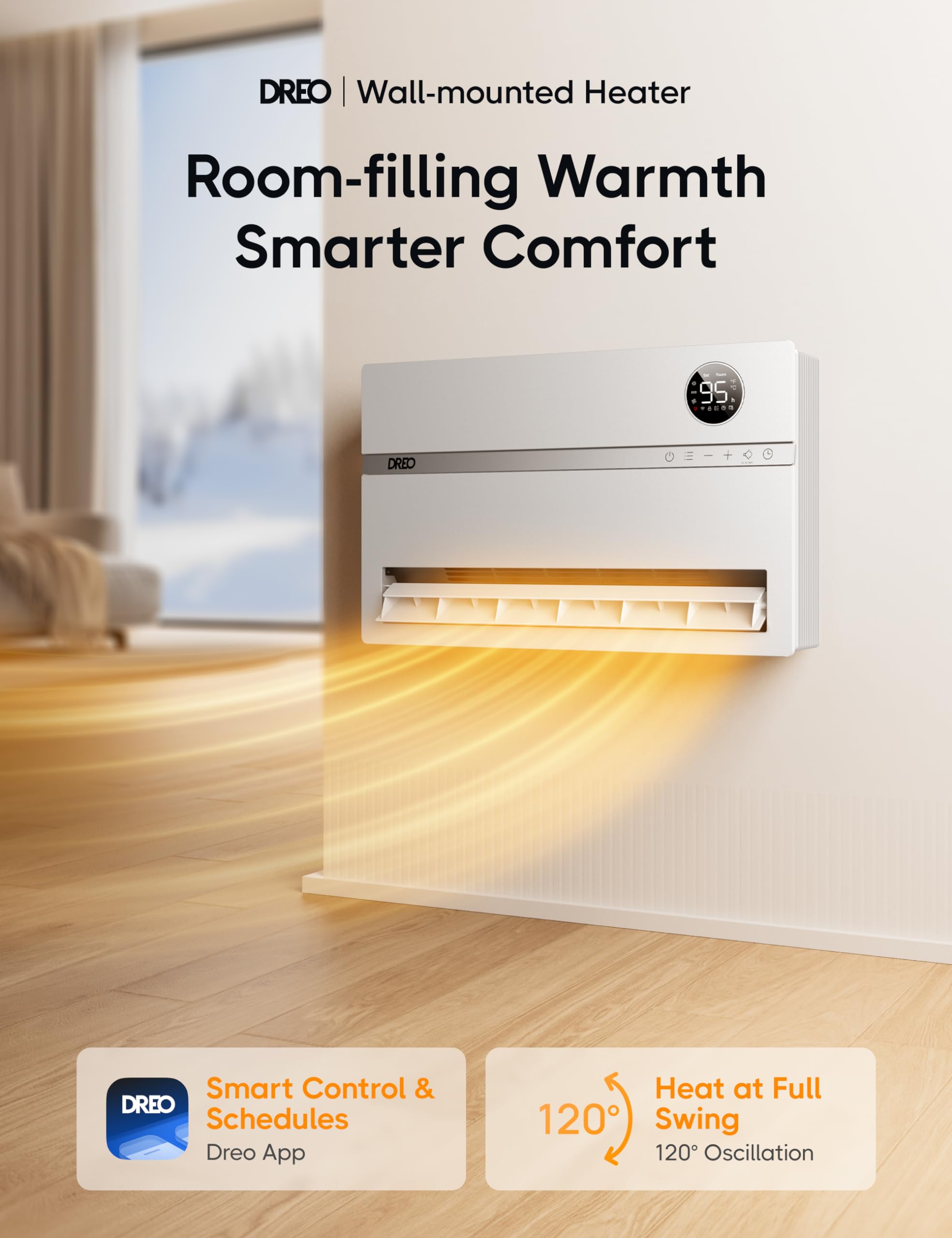 Dreo Smart Wall Heater, Electric Space Heater for Bedroom 1500W, 120° Vertical Oscillation, Adjustable Thermostat, Remote Control, 24H Timer, Easy-Mount Heater for Indoor Use, Works with Alexa, WH719S