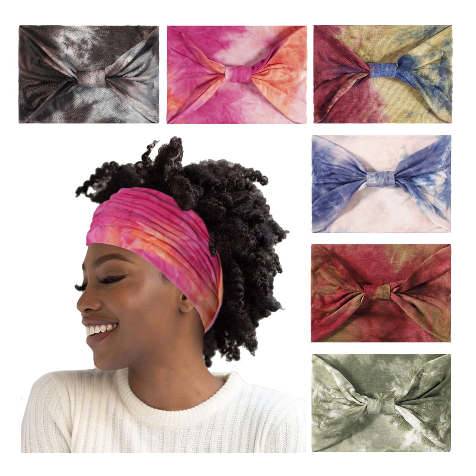 Artilady 7'' Wide Headbands for Women Tie Dye - Large Soft Cloth Headwrap Elastic Stretchy Head Bands Boho Turban Hair Bands Non Slip Hair Accessories 6 PCS