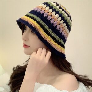 Women Crochet Bucket Hats Handmade Cloche Hats Knitted Beanies Floppy Fishing Hat Floral Cap Striped Trendy Outdoor