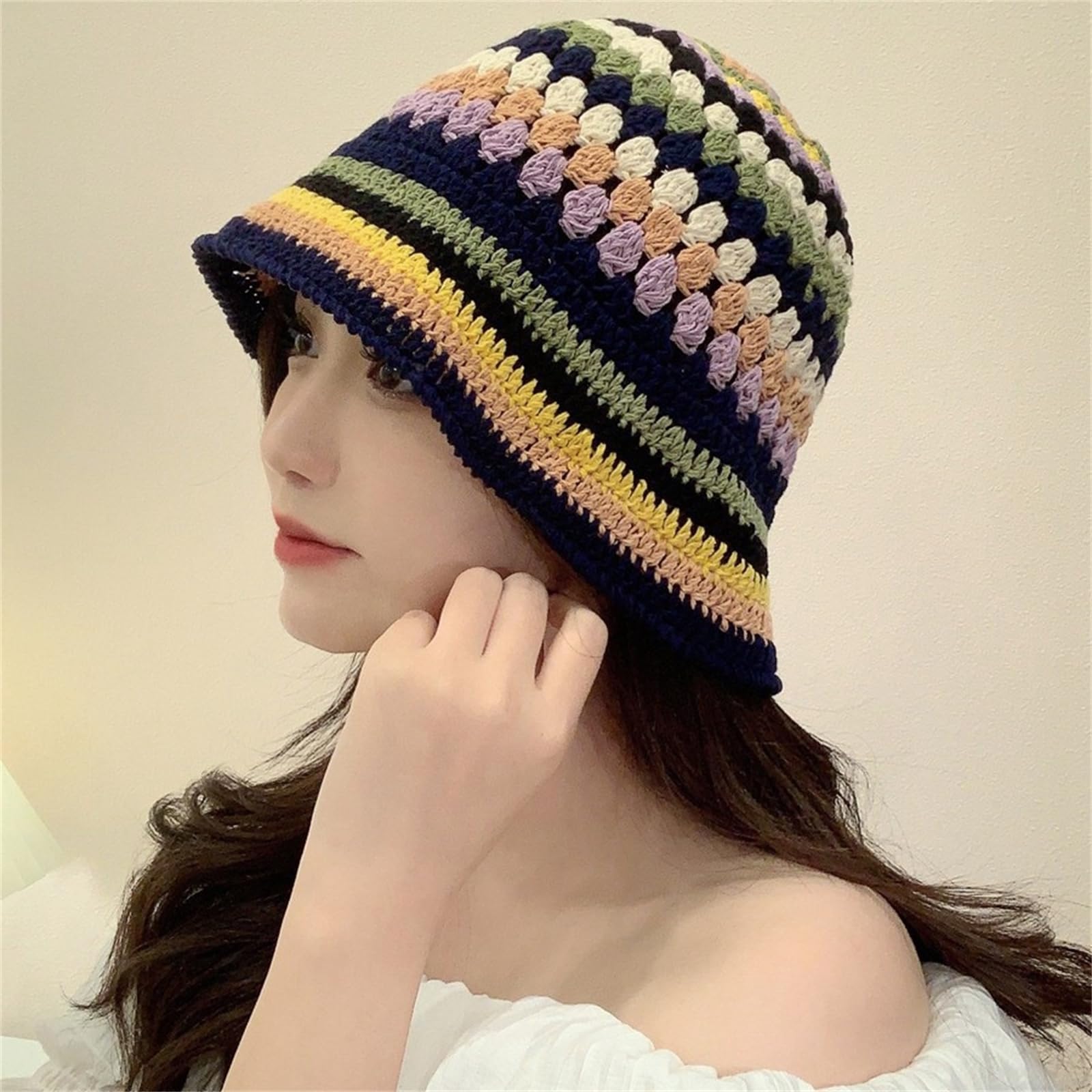 Women Crochet Bucket Hats Handmade Cloche Hats Knitted Beanies Floppy Fishing Hat Floral Cap Striped Trendy Outdoor