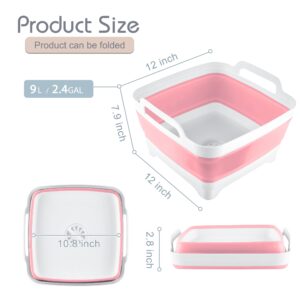 2.4 Gal(9L) Collapsible Dish Basin with Drain Plug, Space Saving Outdoor Multiuse Foldable Sink Tub, Dishpan, Kitchen Storage Tray for Camping, Vegetable Washing, RV (Pink)