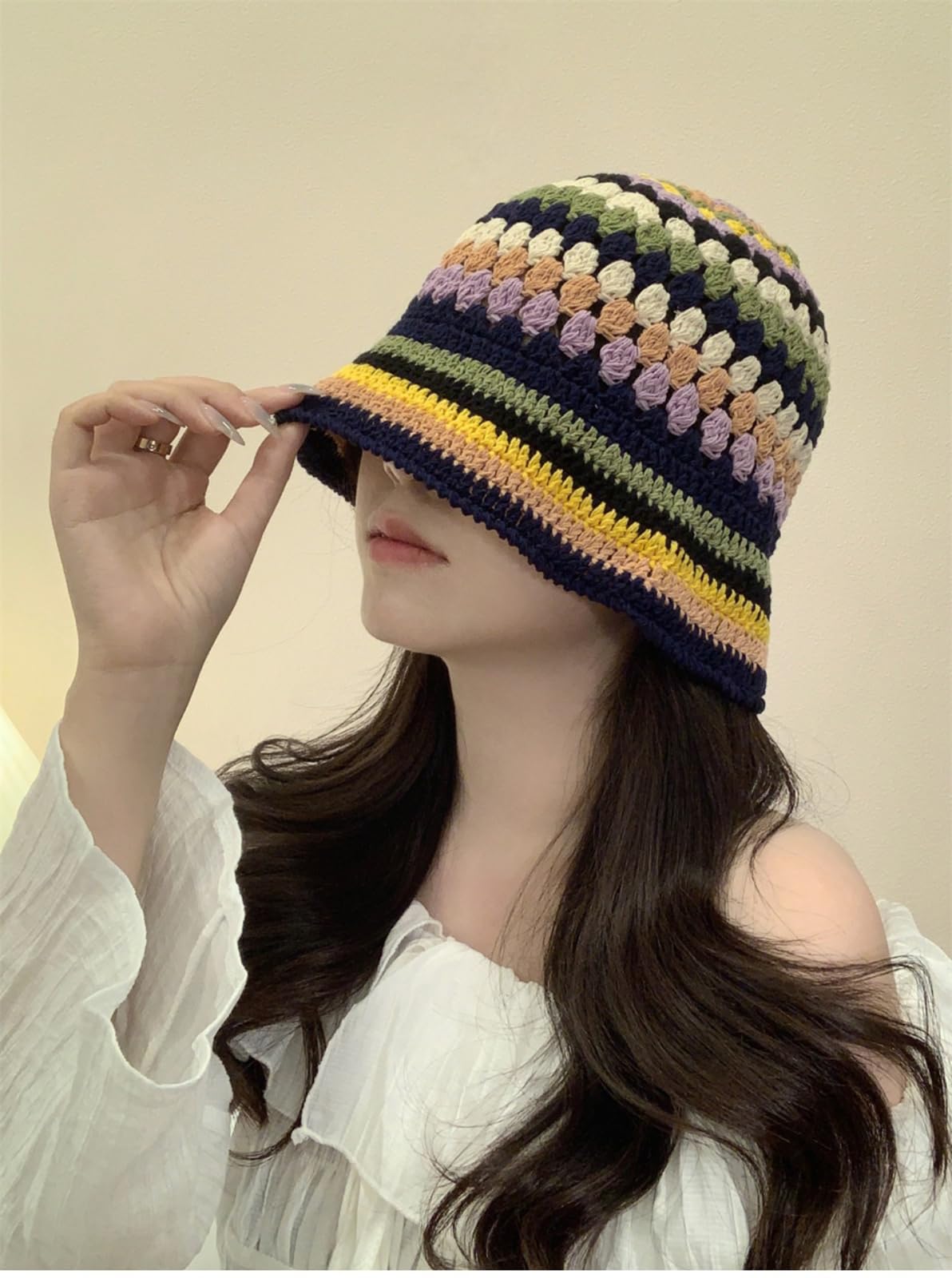 Women Crochet Bucket Hats Handmade Cloche Hats Knitted Beanies Floppy Fishing Hat Floral Cap Striped Trendy Outdoor