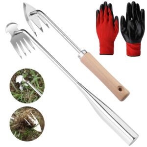 2pcs upgraded weed pulling tools,new weeding artifact uprooting weeding tool,garden weeding tool of stainless steel,weed puller tool with garden gloves,weeding tool for backyard (3 teeth+4 teeth)