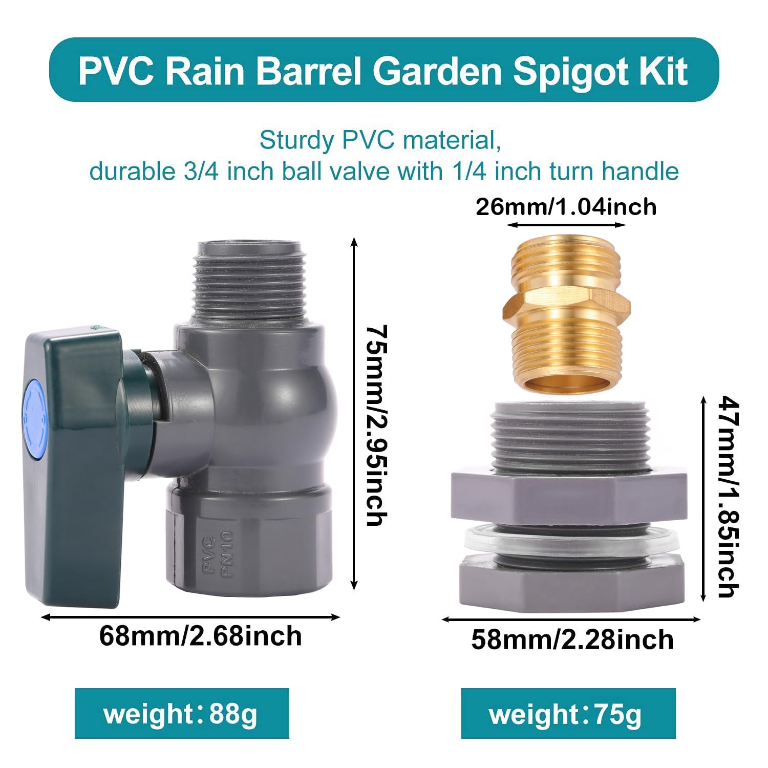 2 Pack 3/4 Inch Rain Barrel Spigot Kit - BILAL Water Barrel PVC Garden Diverter Kit with Bulkhead Fitting Hose Faucet Adapter and Thread Seal Tape for Water Tanks, Aquariums, Tubs, Pool, Garden Barrel