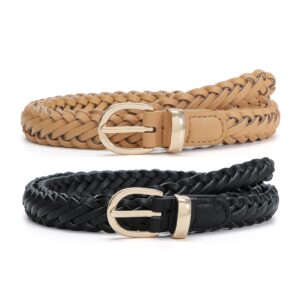 pettata 2 pack thin braided belts for women classic waist belt skinny woven strap for jeans pants dress black beige small