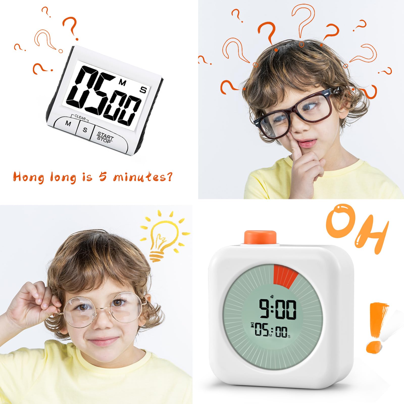 EooCoo Digital Visual Timer, 60-Minute Countdown Timer for Kids and Adults, Time Management Tool, Timer Clock Alarm 3 in 1, for Home Kitchen Office, Back to School Supplies