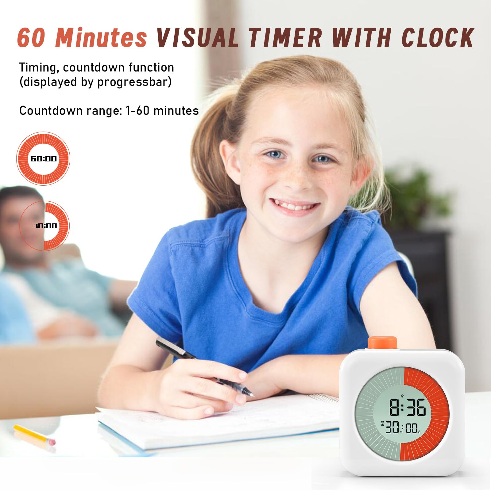 EooCoo Digital Visual Timer, 60-Minute Countdown Timer for Kids and Adults, Time Management Tool, Timer Clock Alarm 3 in 1, for Home Kitchen Office, Back to School Supplies