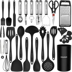 kitchen utensils set - 446°f heat resistant silicone cooking utensils set-kitchen tools and gadgets for cooking nonstick cookware (black)