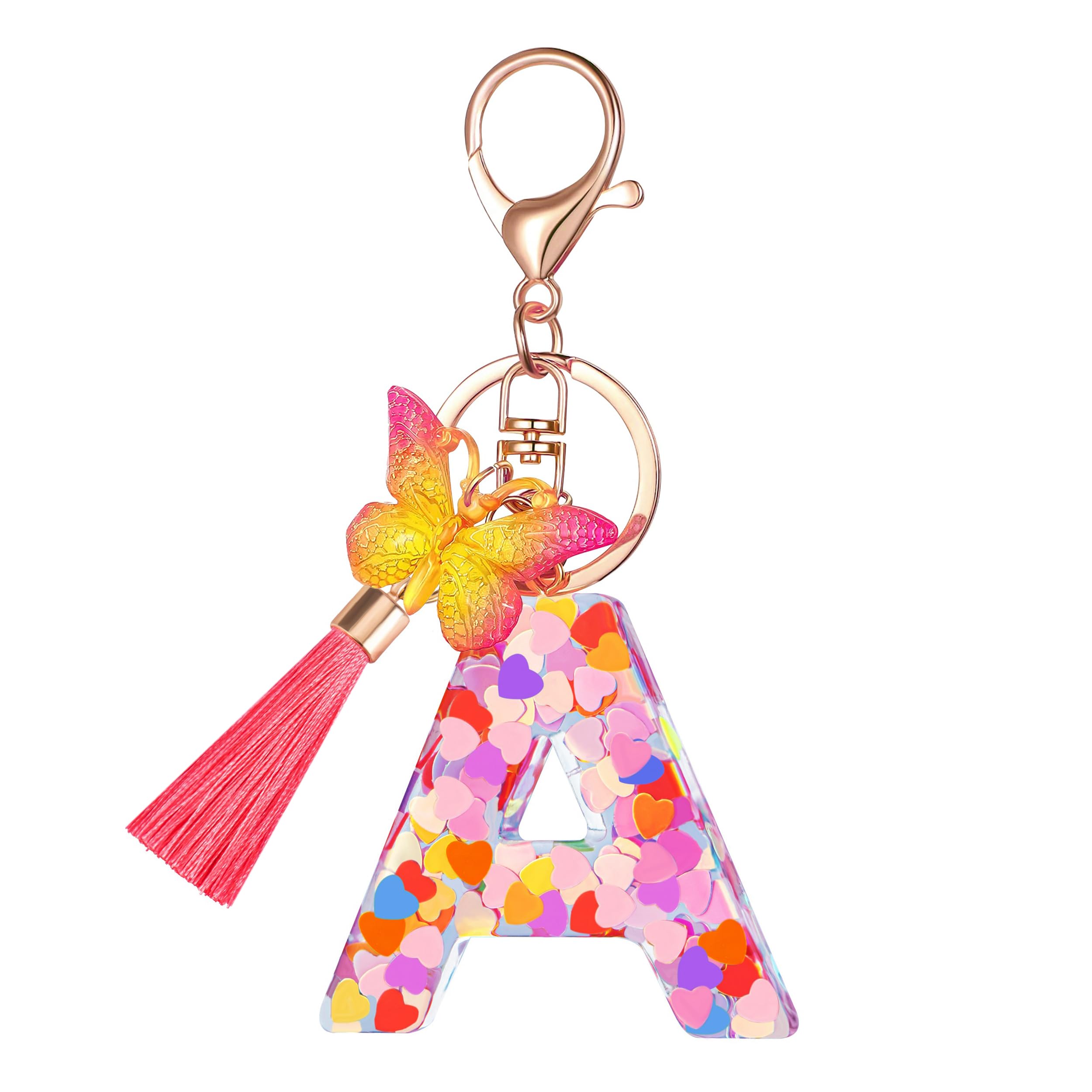 Suweibuke Colourful Cute Initial Letter Keychains for Women Girls with Tassel Butterfly, Charm for Purse Backpacks Handbags Schoolbags (Colorful Pink-A)