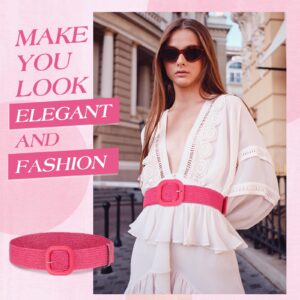 Syhood Women Straw Woven Belt Elastic Rattan Waist Belt Stretch Boho Dress Braided Belt Raffia Belt with Wood Buckle for Girl (Rose Red)