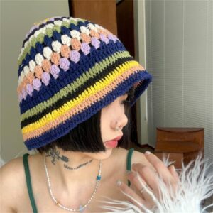 Women Crochet Bucket Hats Handmade Cloche Hats Knitted Beanies Floppy Fishing Hat Floral Cap Striped Trendy Outdoor