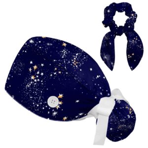 medical nurse scrub caps with hair tie night sky stars and galaxy working cap adjustable tie back bouffant caps with button for women long hair