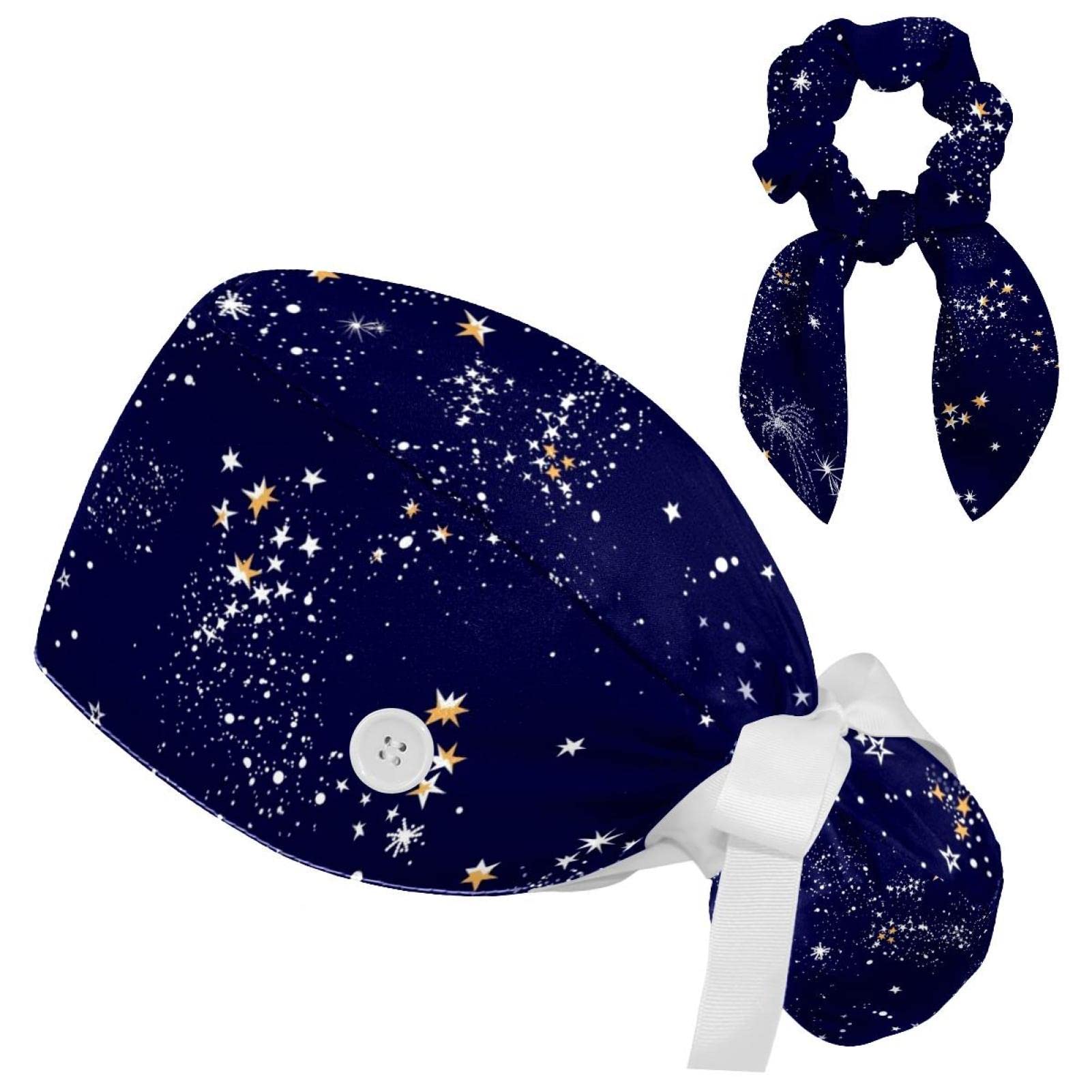 Medical Nurse Scrub Caps with Hair Tie Night Sky Stars and Galaxy Working Cap Adjustable Tie Back Bouffant Caps with Button for Women Long Hair