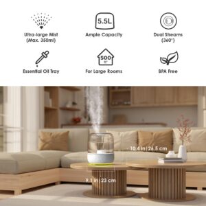 Airversa Humidifiers for Home Bedroom Large Room Smart Works with Apple Home over Thread 5.5L Cool Mist for Indoor Use App/Voice Control, Dazzling Lighting Effects (Clear, Humelle AH1)