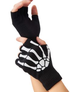 otpeh skeleton gloves for women men adults fingerless goth gloves glow in the dark halloween costume emo accessories