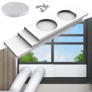 flamorrow dual hose portable air conditioner window kit, 5" diameter adjustable window seal plates with foam seal strip, sliding ac window vent kit for exhaust hose, white