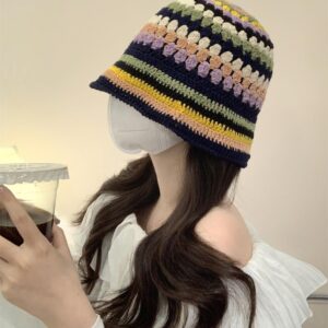 Women Crochet Bucket Hats Handmade Cloche Hats Knitted Beanies Floppy Fishing Hat Floral Cap Striped Trendy Outdoor