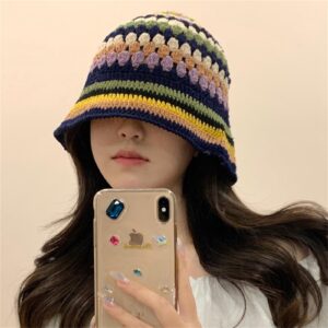 Women Crochet Bucket Hats Handmade Cloche Hats Knitted Beanies Floppy Fishing Hat Floral Cap Striped Trendy Outdoor