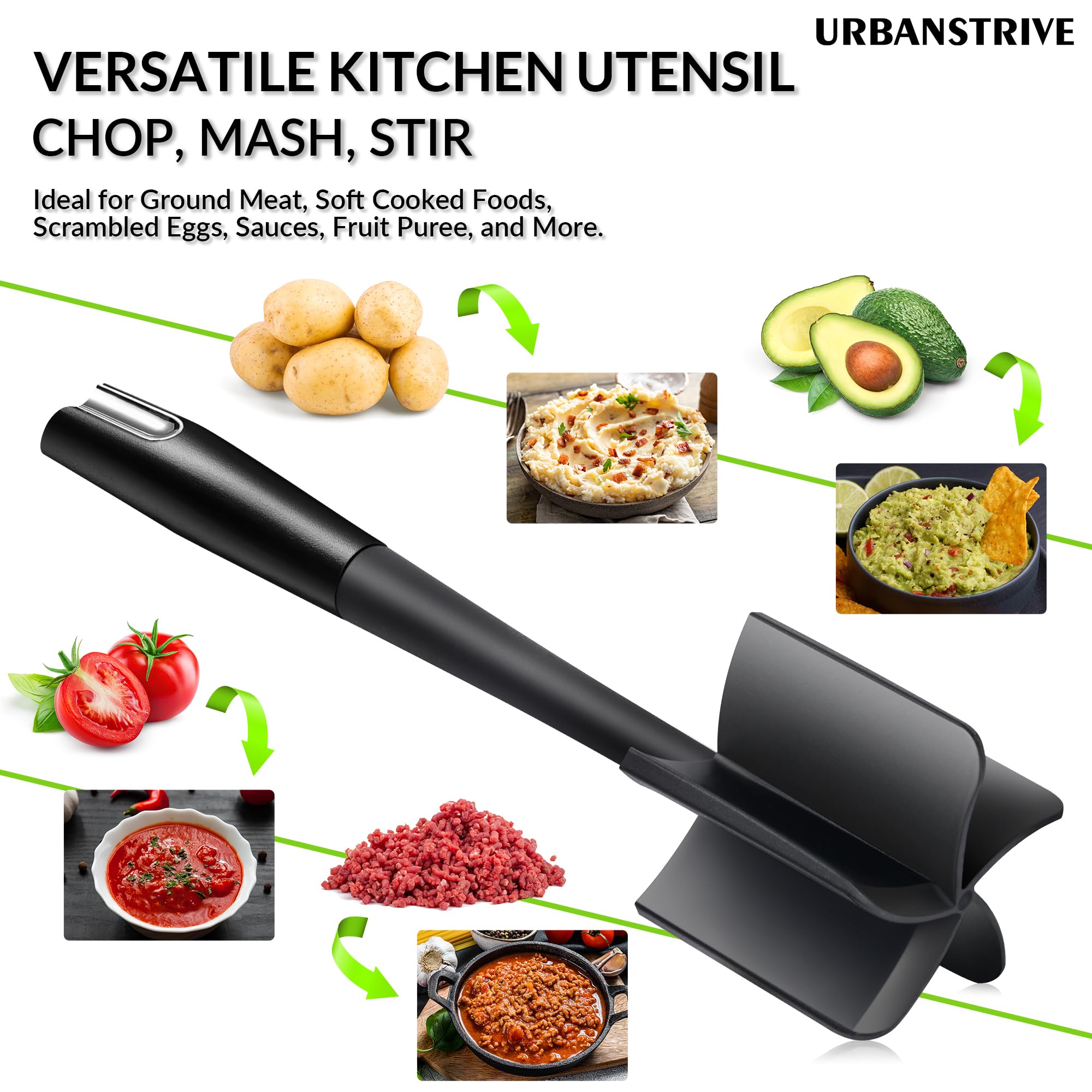 Urbanstrive Heavy Duty Meat Chopper for Ground Beef, Durable Ground Beef Smasher, Non-Scratch Hamburger Chopper, Non-slip Ground Meat Chopper and Meat Masher Ground Beef, Black