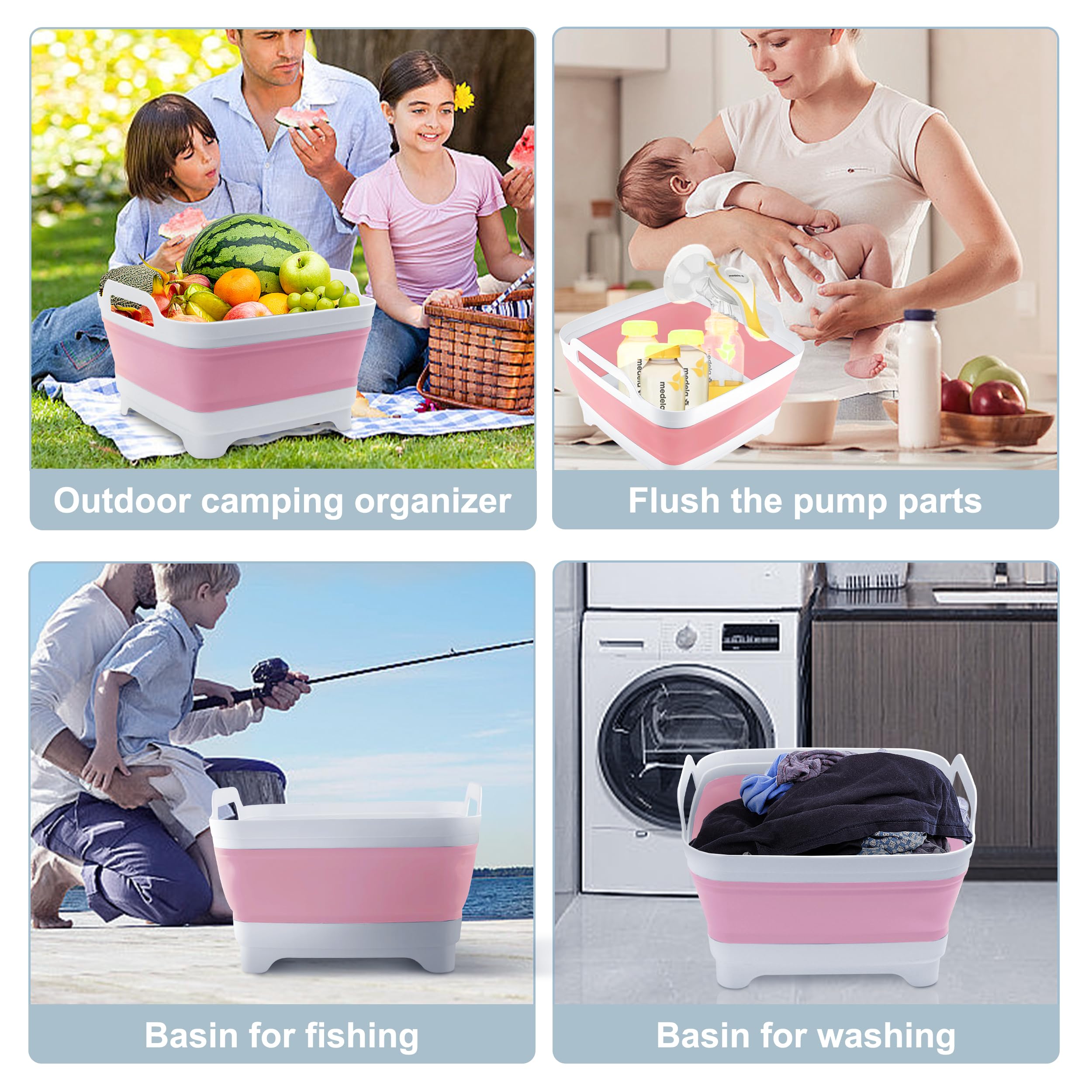 2.4 Gal(9L) Collapsible Dish Basin with Drain Plug, Space Saving Outdoor Multiuse Foldable Sink Tub, Dishpan, Kitchen Storage Tray for Camping, Vegetable Washing, RV (Pink)