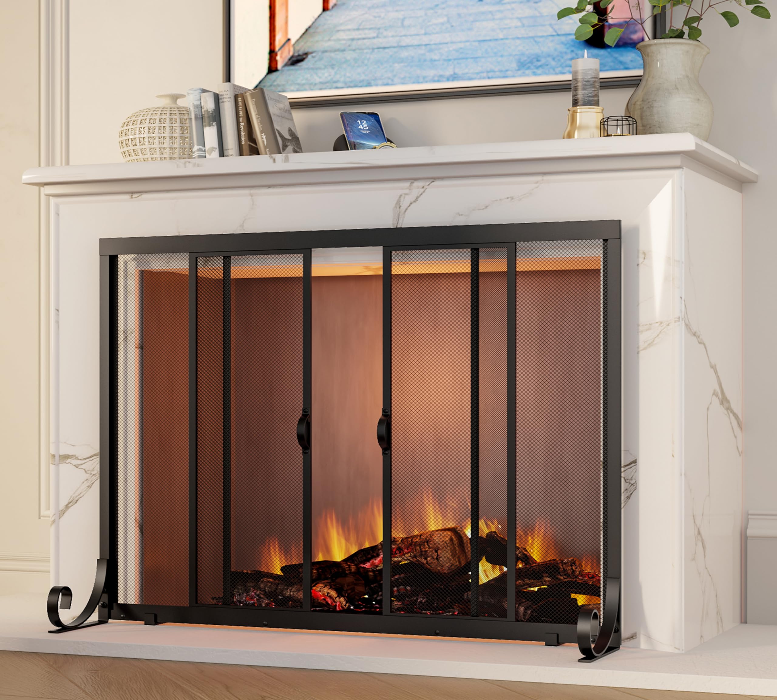 Fire Beauty Fireplace Screen, Wrought Iron Mesh, Baby Safe Spark Guard Protector with 2-Doors Large Flat Guard Screens (37.8 x 30.7 Inch)