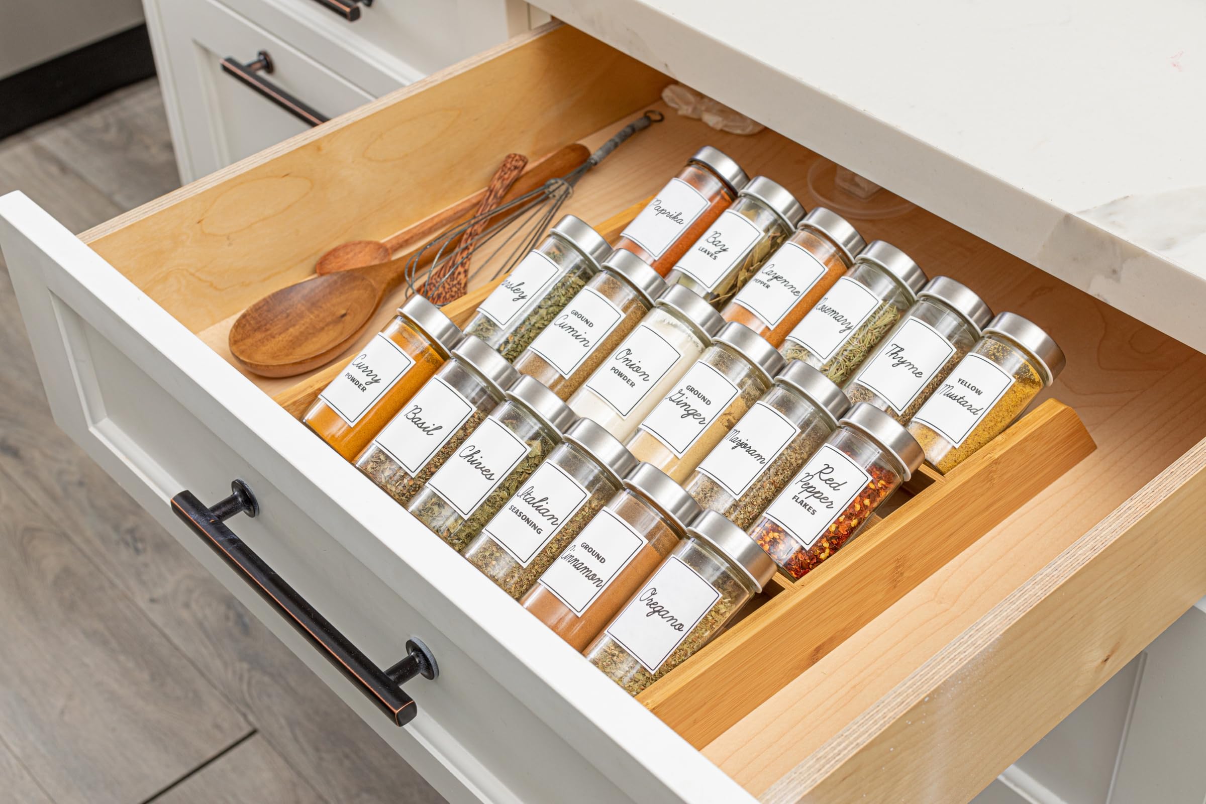 Orii 18 Jar Bamboo Compact Spice Organizer for Countertop and Kitchen Drawer, Filled with Spices, 5 Year Spice Refill Program