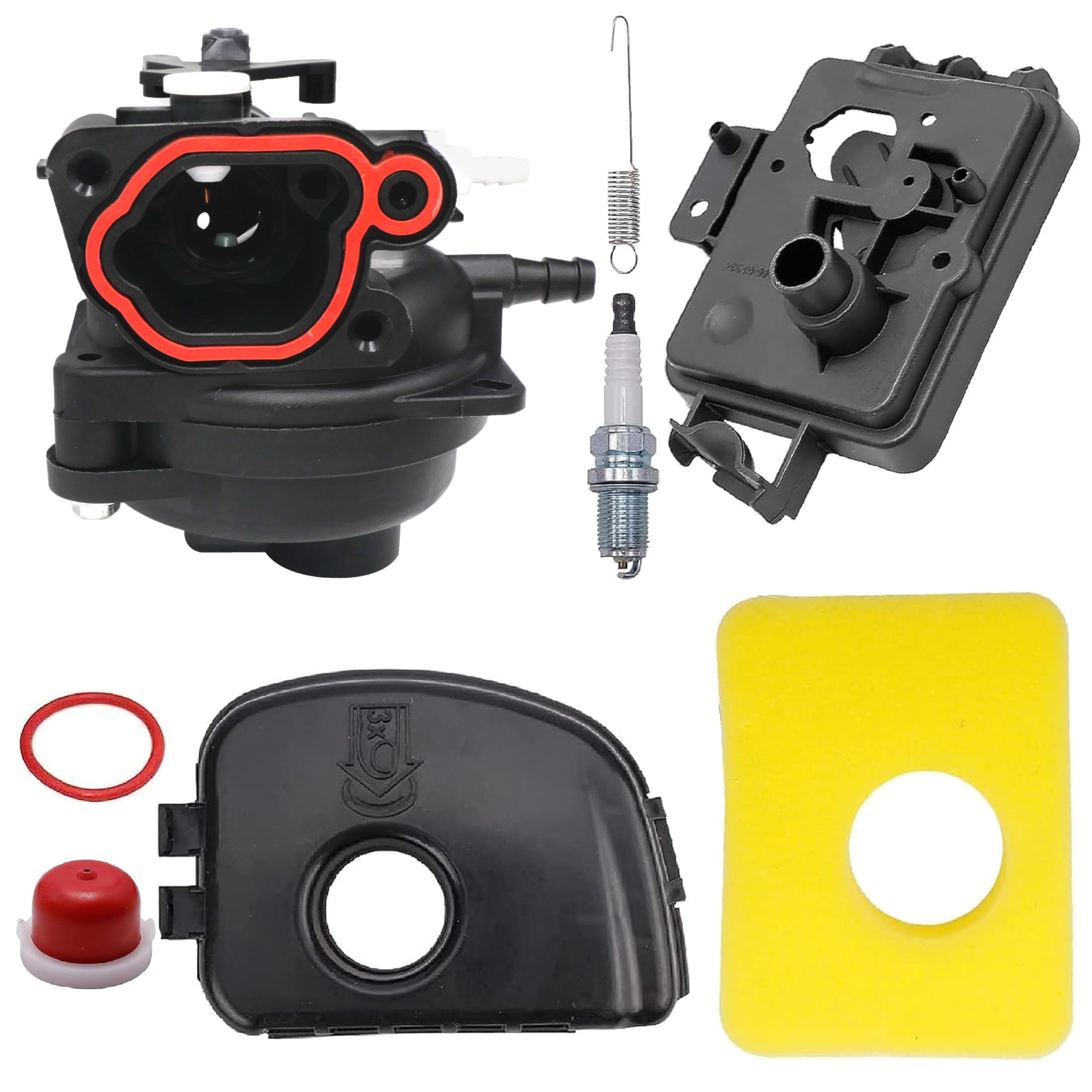 Hippotech 799583 Carburetor Replacement for Briggs 593261 595656 591979 Engines 450E 500E 550E 550EX Series 125cc 140cc Lawnmower with 595663 Air Filter Base 799579 Air Cleaner Foam Filter Kit