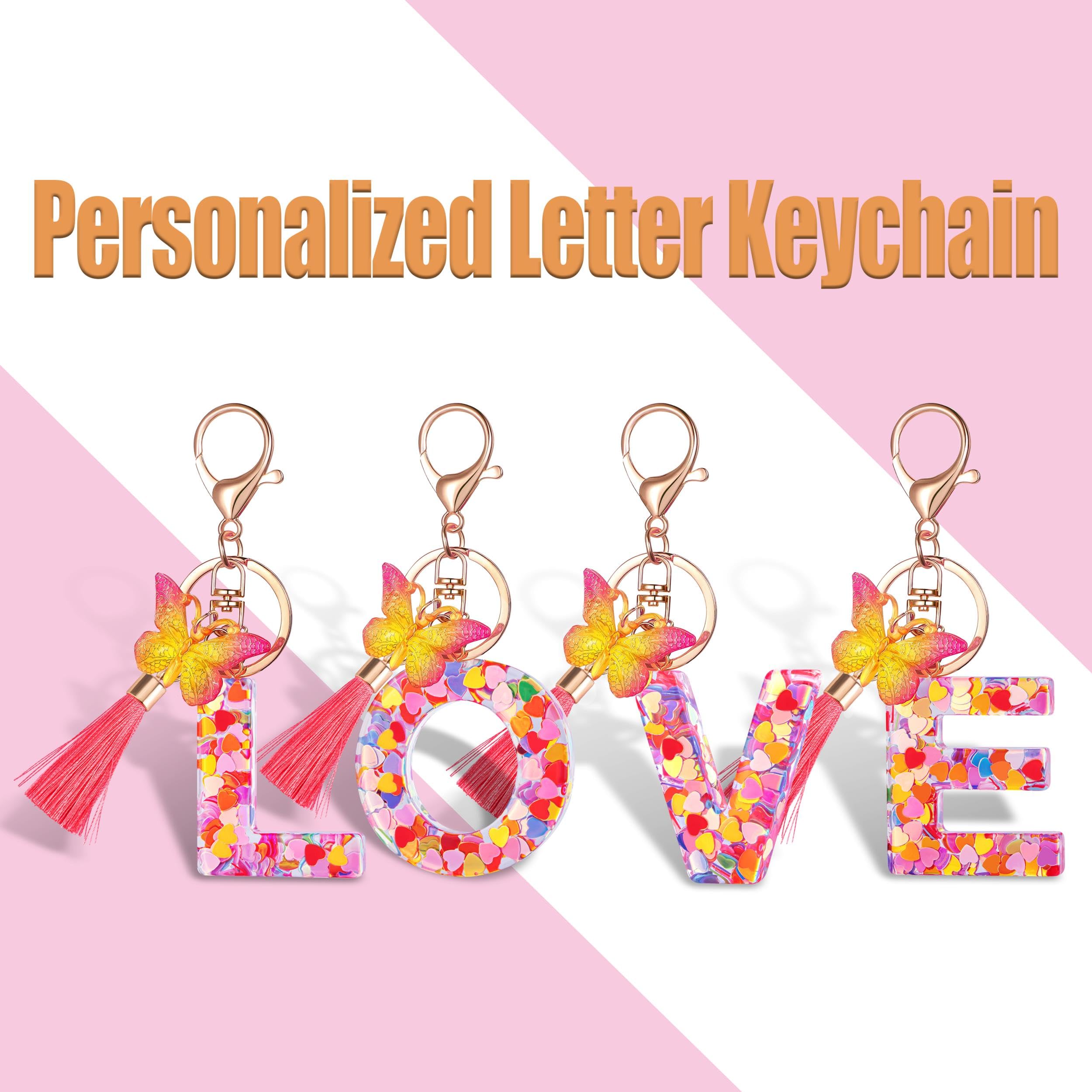 Suweibuke Colourful Cute Initial Letter Keychains for Women Girls with Tassel Butterfly, Charm for Purse Backpacks Handbags Schoolbags (Colorful Pink-A)