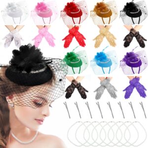 shinymoon 8 set women fascinators hats tea party hats valentine lace gloves and pearl necklace set vintage veil cocktail headpiece for wedding church evening funeral accessories