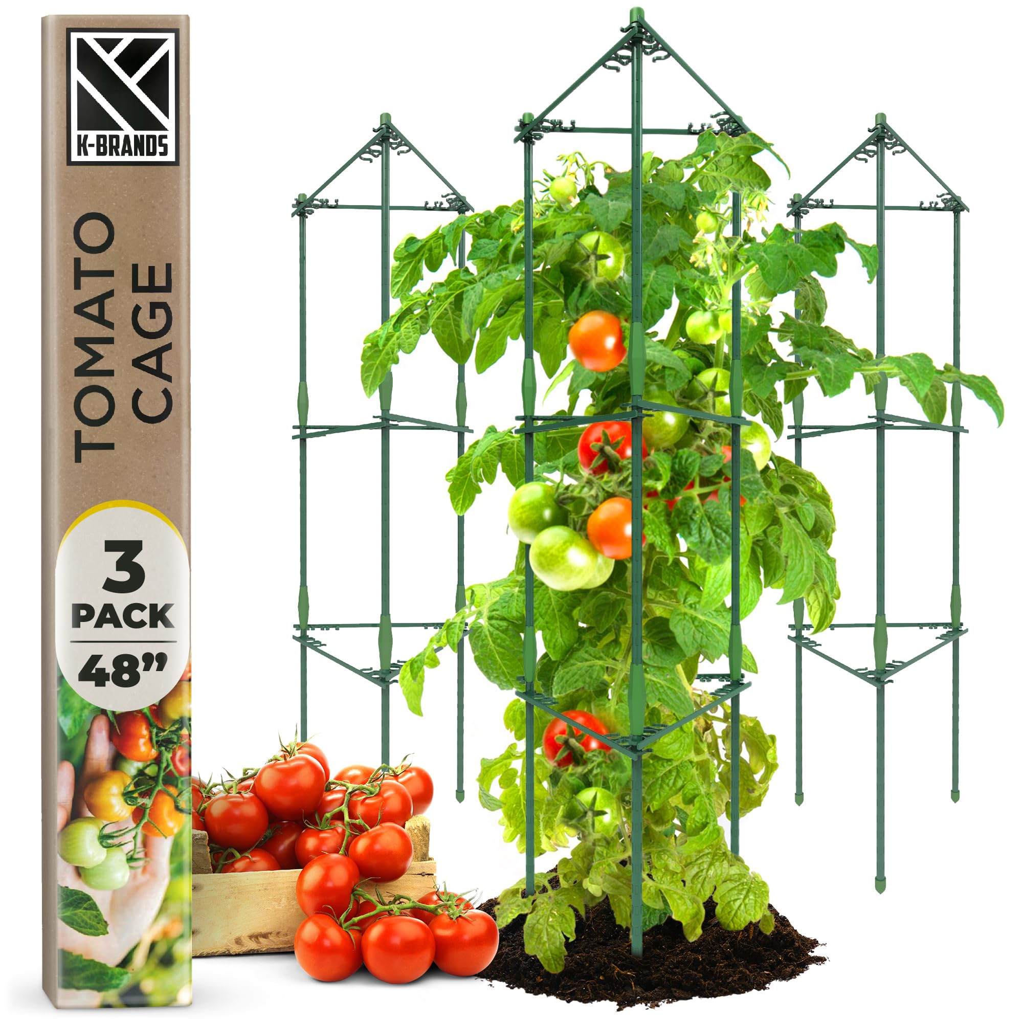 K-Brands Tomato Cage - Premium Tomato Trellis and Plant Support for Tomatoes, Vegetable and Climbing Plants - Tomato Cages for Garden and Pots Outdoor (3 Pack - Upto 48 inches)