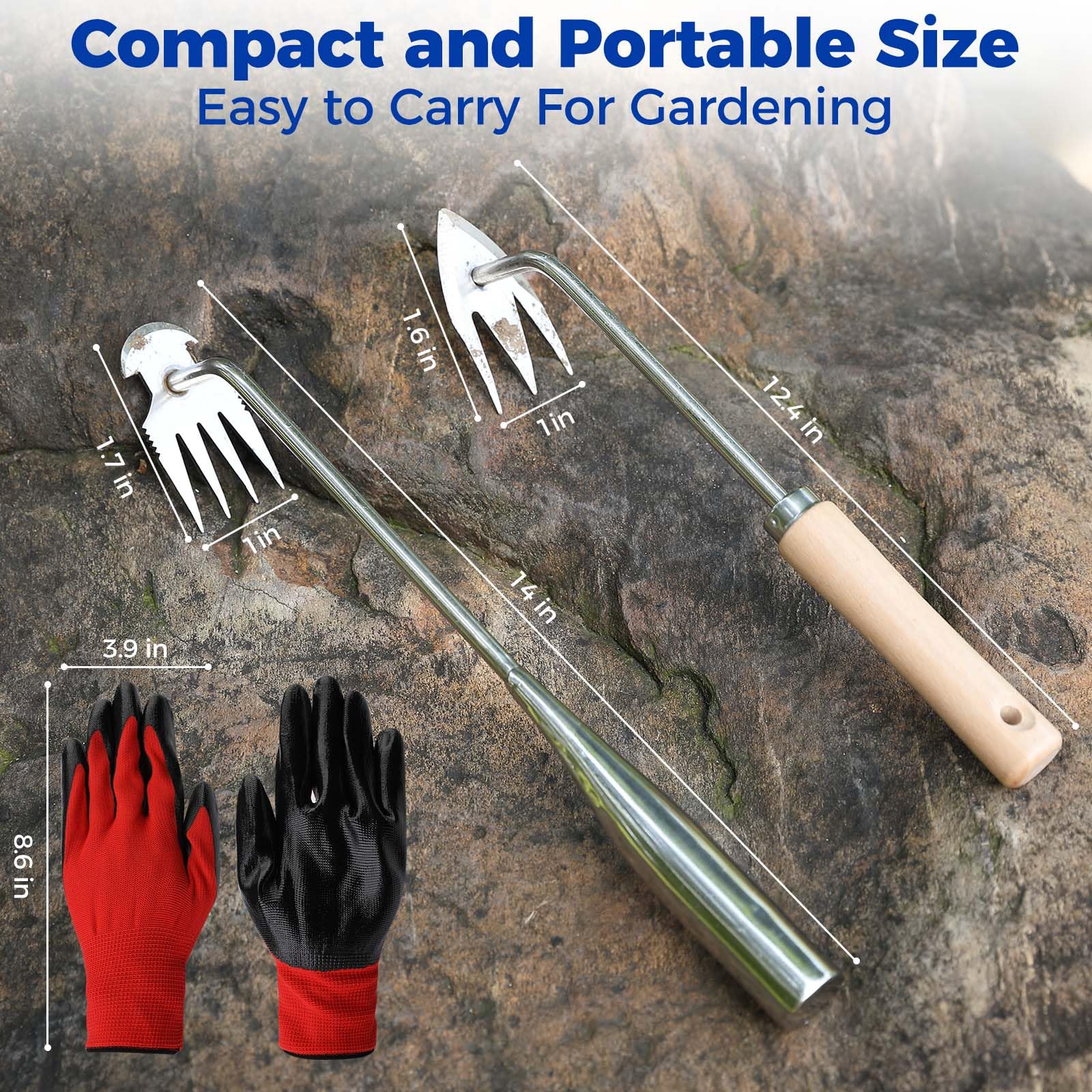 2pcs Upgraded Weed Pulling Tools,New Weeding Artifact Uprooting Weeding Tool,Garden Weeding Tool of Stainless Steel,Weed Puller Tool with Garden Gloves,Weeding Tool for Backyard (3 teeth+4 teeth)